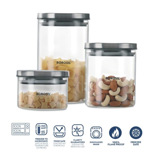 Borosil Classic 3 Piece Storage Glass Jar Set (300ml + 600ml + 900ml ...